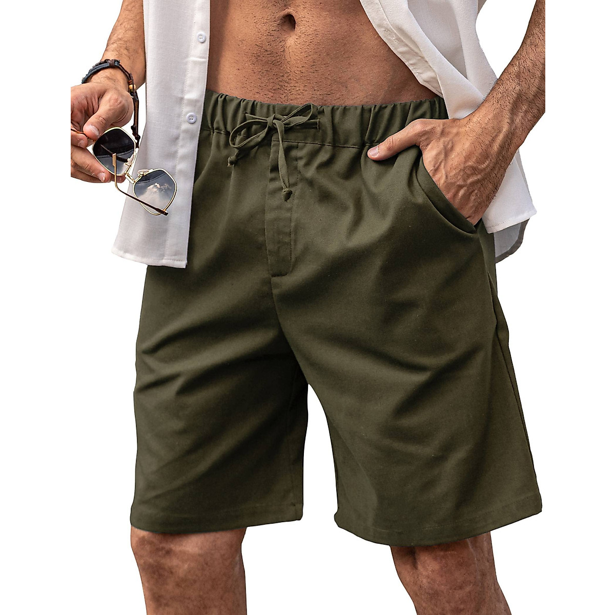 COOFANDY Men Linen Classic Fit Short Lightweight Drawstring Short with Pockets Army Green