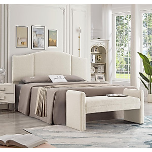 24KF Modern Boucle Teddy Lovely Bench, Upholstered Bed Bench Entryway Bench Ottoman with Armrest -Dark Gray