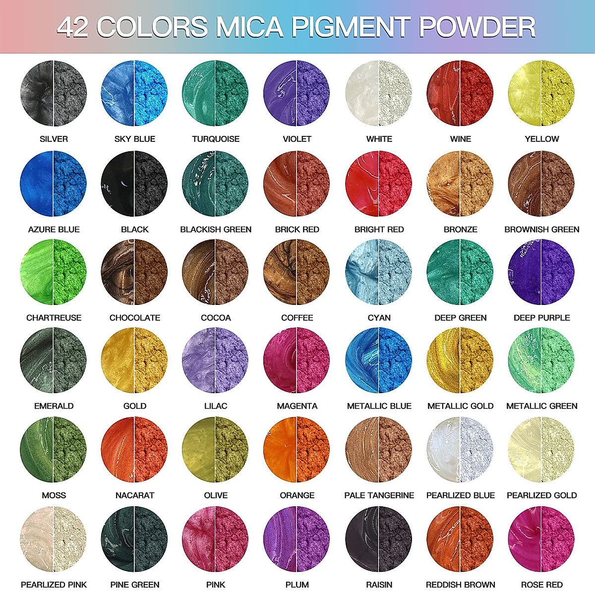 ZOCONE Mica Powder for Epoxy Resin, 42 Colors 0.35 oz (10g) Each Jar Mica Pigment Powder 11 PCS Spoons, Colors Mica Powder for Soap Making, Candle Making, Bath Bomb, Nail Art, Slime, Craft Projects