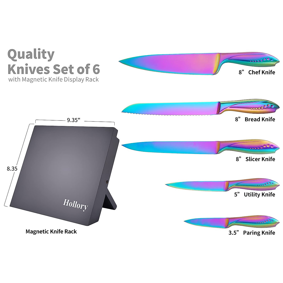 Rainbow Knives Block Set 6 Pieces, Iridescent German High Carbon Stainless Steel Kitchen Knives Pack with Magnetic Knife Display Rack