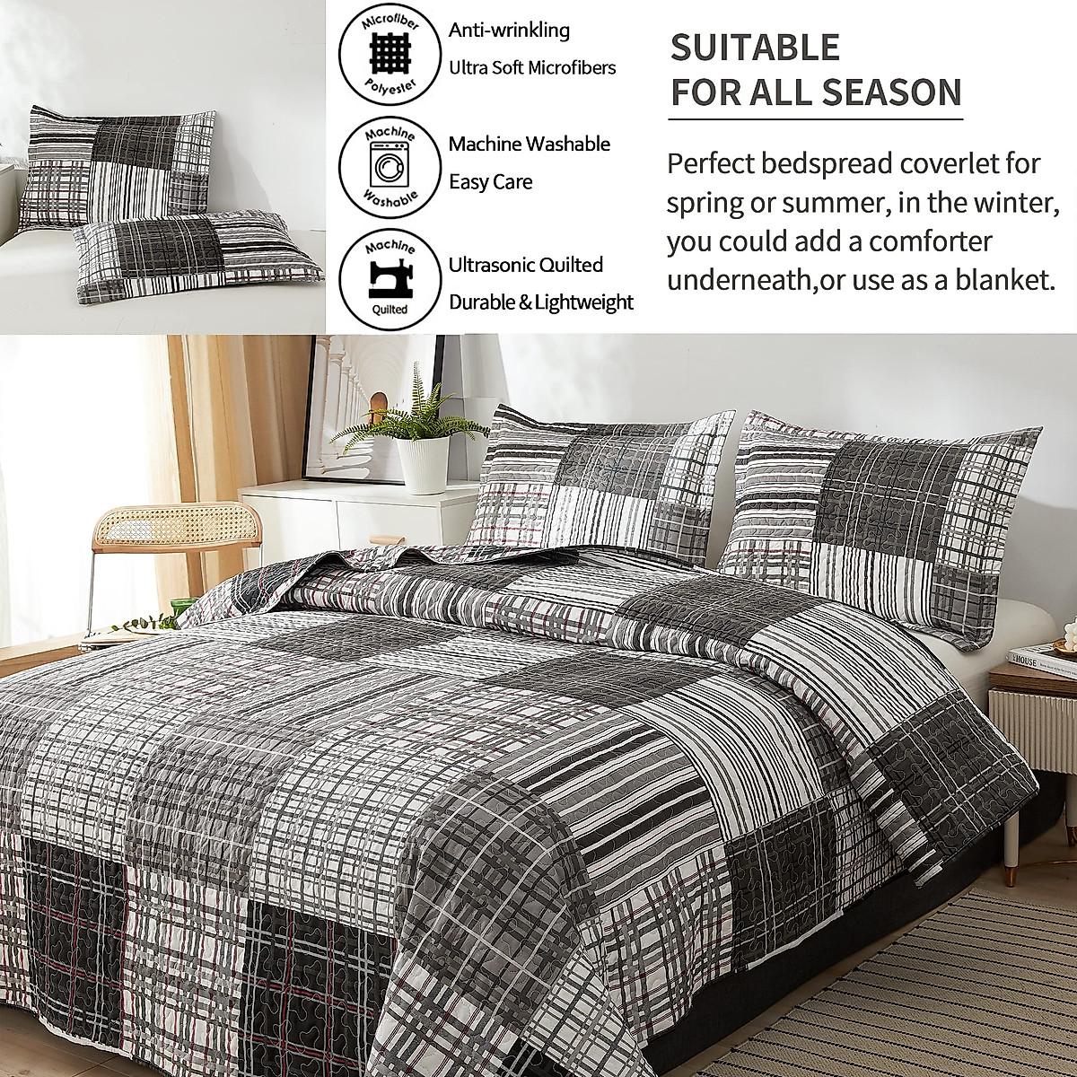 Bedspread Set Twin Size Quilt Set Plaid Bed Spread Coverlet Black White Grey Plaid Patchwork Stripe Modern Quilt Bedspread Bedding Soft Lightweight Reversible Home Bedding Mens Quilts for Twin Bed