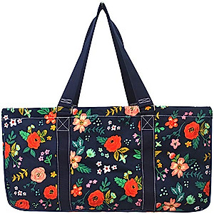 NGIL Extra Large Utility Tote Reusable Grocery Bag Oversized Collapsible for Groceries, Storage, Picnic, Beach (Floral Pattern-navy)