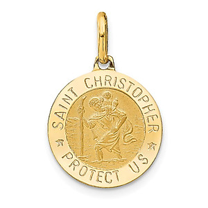 Solid 14k Yellow Gold Round Catholic Patron Saint Christopher Brushed Matte Finish Pendant Charm - 23mm x 15mm