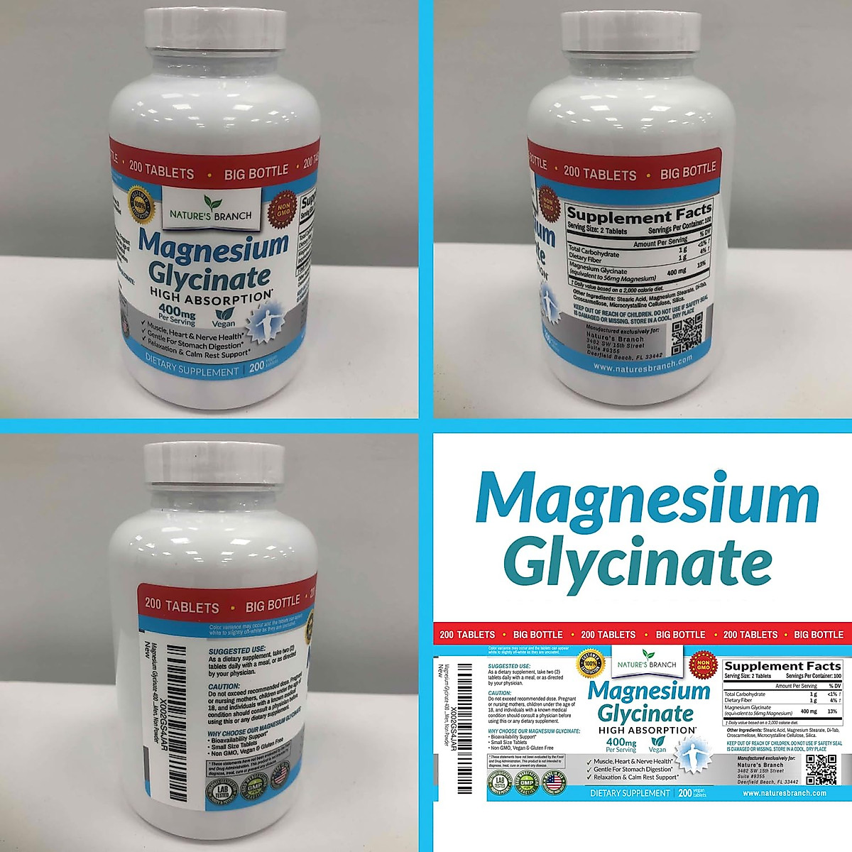 Magnesium Glycinate 400 mg - 200 Tablets - High Absorption, Non Buffered Bisglycinate Mag Supplement for Sleep, Leg Cramps, Heart, Ease Muscles, Calm Headaches for Women and Men, Non Powder Capsules