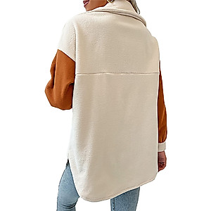 SOMTHRON Women's Fleece Cardigan Long Sleeve Shacket Sherpa Shirt Jacket Patchwork Button Down Lapel Collar Blouses Tops AP-L