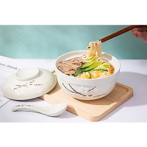 LLDAYU Japanese Creative Hand-Painted Ceramic Bowls with Soup Spoon, Large 27.5 OZ ramen bowls/Soup bowls,with Heat Preservation Function, and Suitable for Microwave Oven, and Dishwasher - Cyan Blue