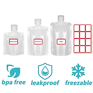 HQLESHUI 18 Pieces 3 Sizes 30ml/50ml/100ml Travel Size Refillable Empty Squeeze Pouch, Stand Up Pouch for Toiletry, Lotion Shampoo Shower Gel Squeezable Bags, Leakproof Cosmetic Containers