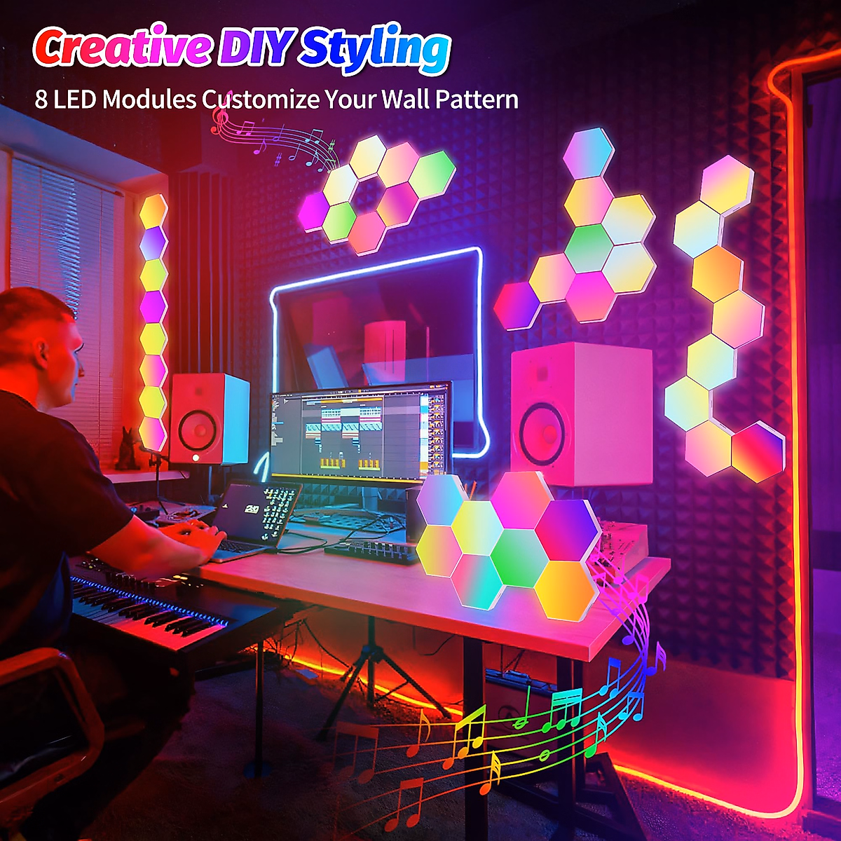 Hervika 8 Pack DIY Hexagon LED Lights, Music Sync RGB Gaming Lights with APP Smart Wall Lights for Bedroom Living Room Decor