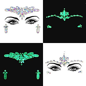 Le Fu Li 8 Sets Noctilucent Face Gems Luminous Temporary Tattoo Stickers Acrylic Crystal Glitter Stickers Waterproof Face Jewels Rainbow Tears Rhinestone for Party, Rave Festival