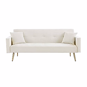 73" Velvet Convertible Futon Sofa Bed with 2 Pillows, Modern Couch Loveseat Sofa with 3 Adjustable Backrest Angles, Folding Accent Sofa Sleeper Recliner for Apartment Living Room Bedroom (Cream White)