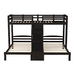 Harper & Bright Designs Triple Bunk Bed with Stairs, Twin Bunk Beds for 3, Wooden Bunk Bed with Built-in Staircase and Little Drawer for Kids Teens Adults, Espresso