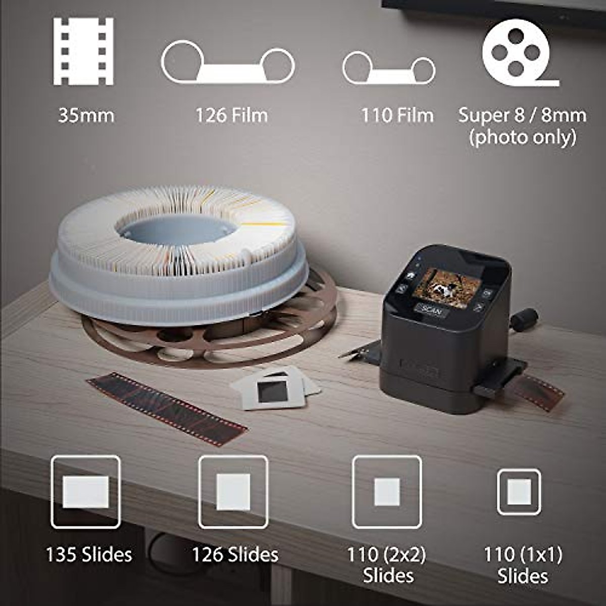 Magnasonic All-In-One Film & Slide Scanner, High Resolution 22MP, Converts 35mm/110/126/ Super 8/8mm Film & 135/110/126 Slides into Digital JPEG, 2.4" LCD Screen, Built-in Memory, Fast Scanning (FS52)