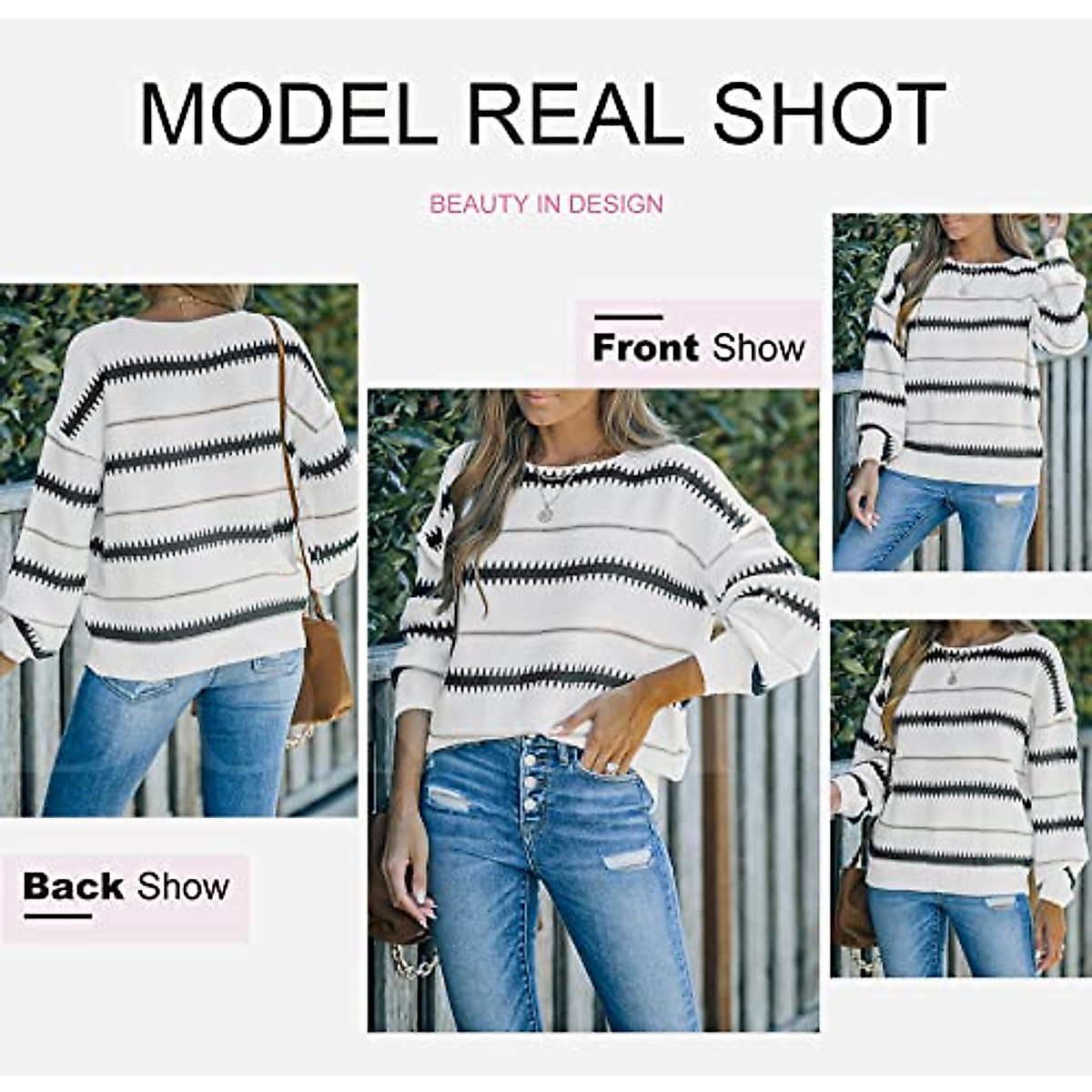 Dokotoo Long Sleeve Crewneck Striped Pullover Sweaters for Women Winter Casual Loose Knit Pullover Sweater Jumper Tops White Medium