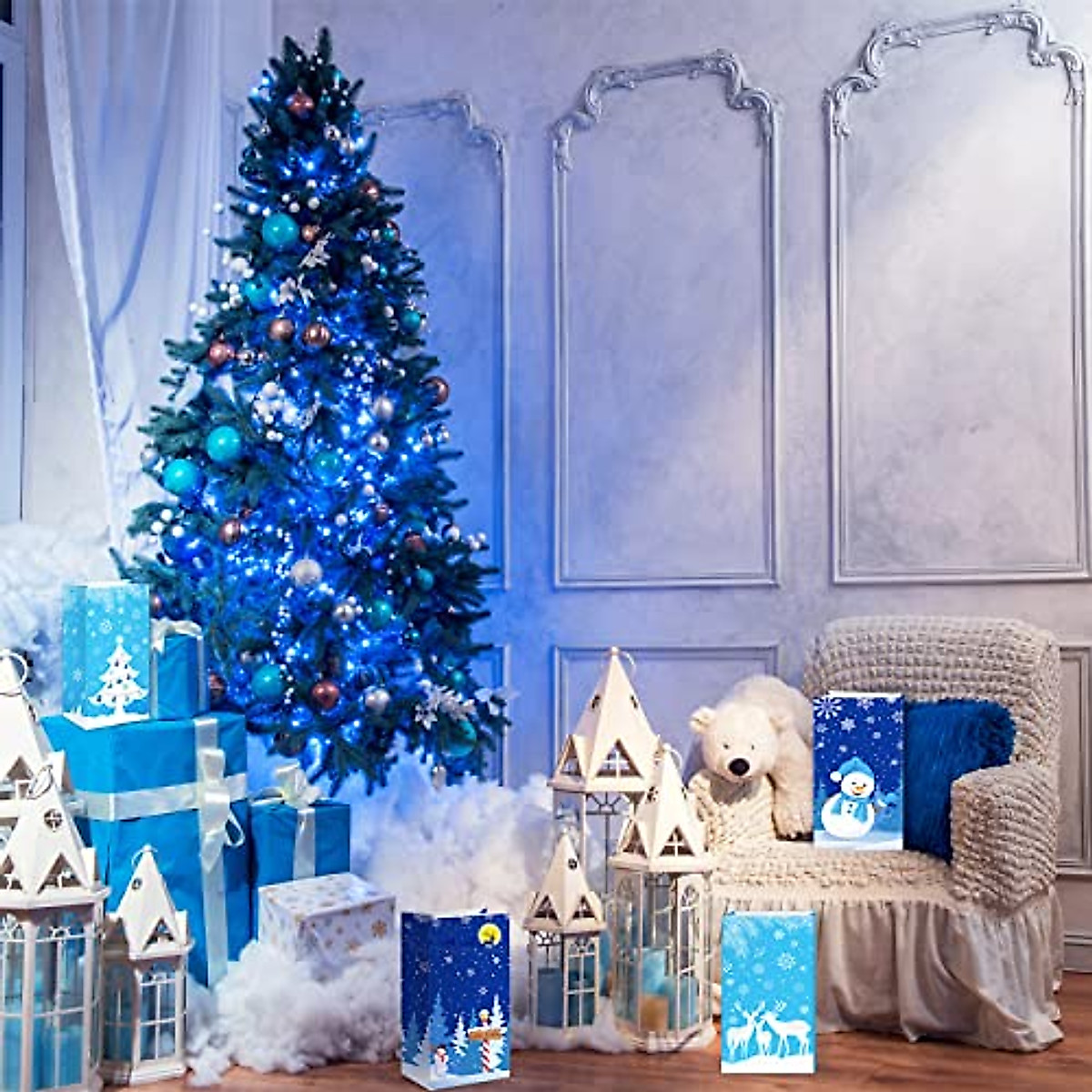 24 Pieces Christmas Bags Snowflakes Snowman Treat Bags Wonderland Party Goodie Bags Party Craft Paper Bags