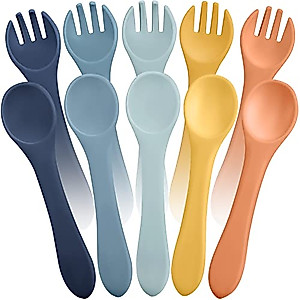 10 Pieces Baby Led Weaning Spoons and Forks Set Infant Silicone Spoon First Self Feed Baby training Utensils for Toddler First Stage Feeding Supplies for Kids Over 6 Months, 5 Pairs (Bright Colors)