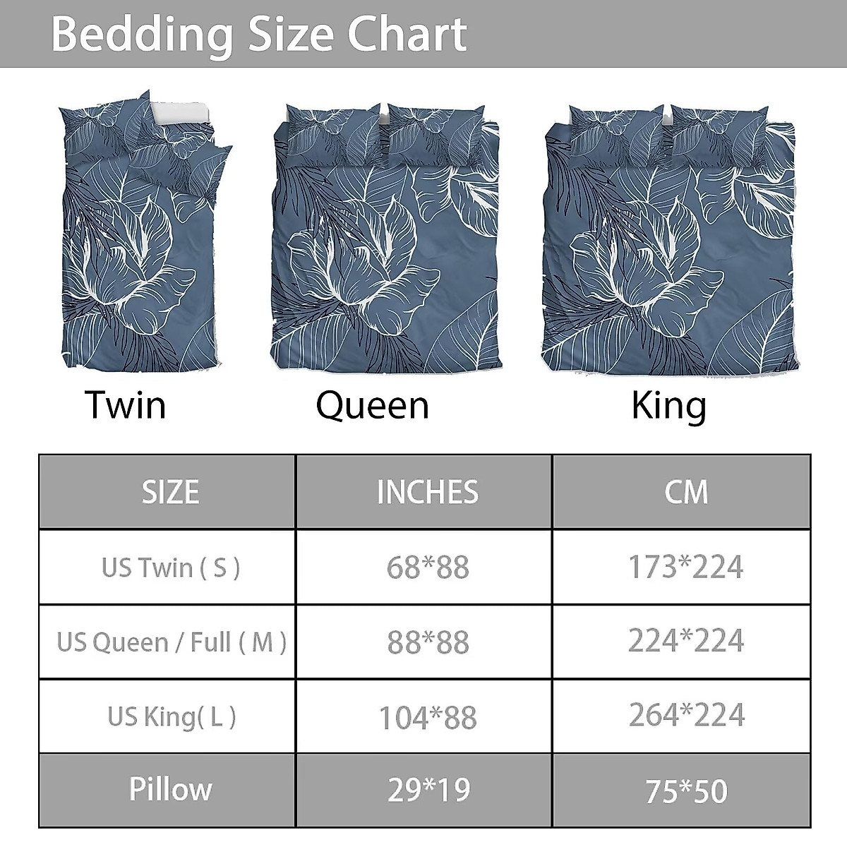 gearider Blue Tropical Leaves Printed Bedroom Decor, 3-Piece Hawaiian Style Duvet Cover Set with 2 Pillowcase, for All Seasons - Size King
