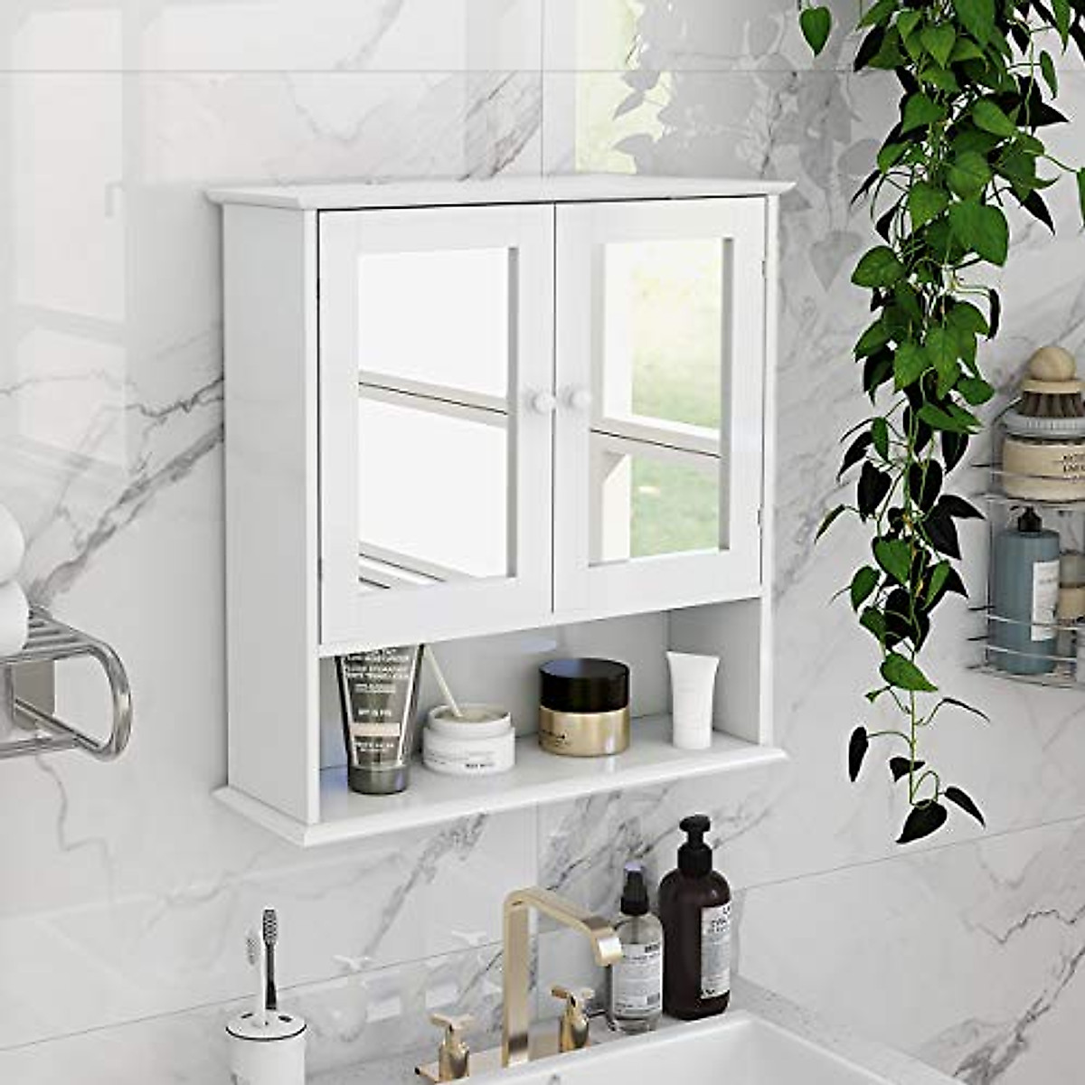 FCH Bathroom Wall Cabinet with Mirrors Multipurpose Storage Organizer with Double Doors Over Toilet