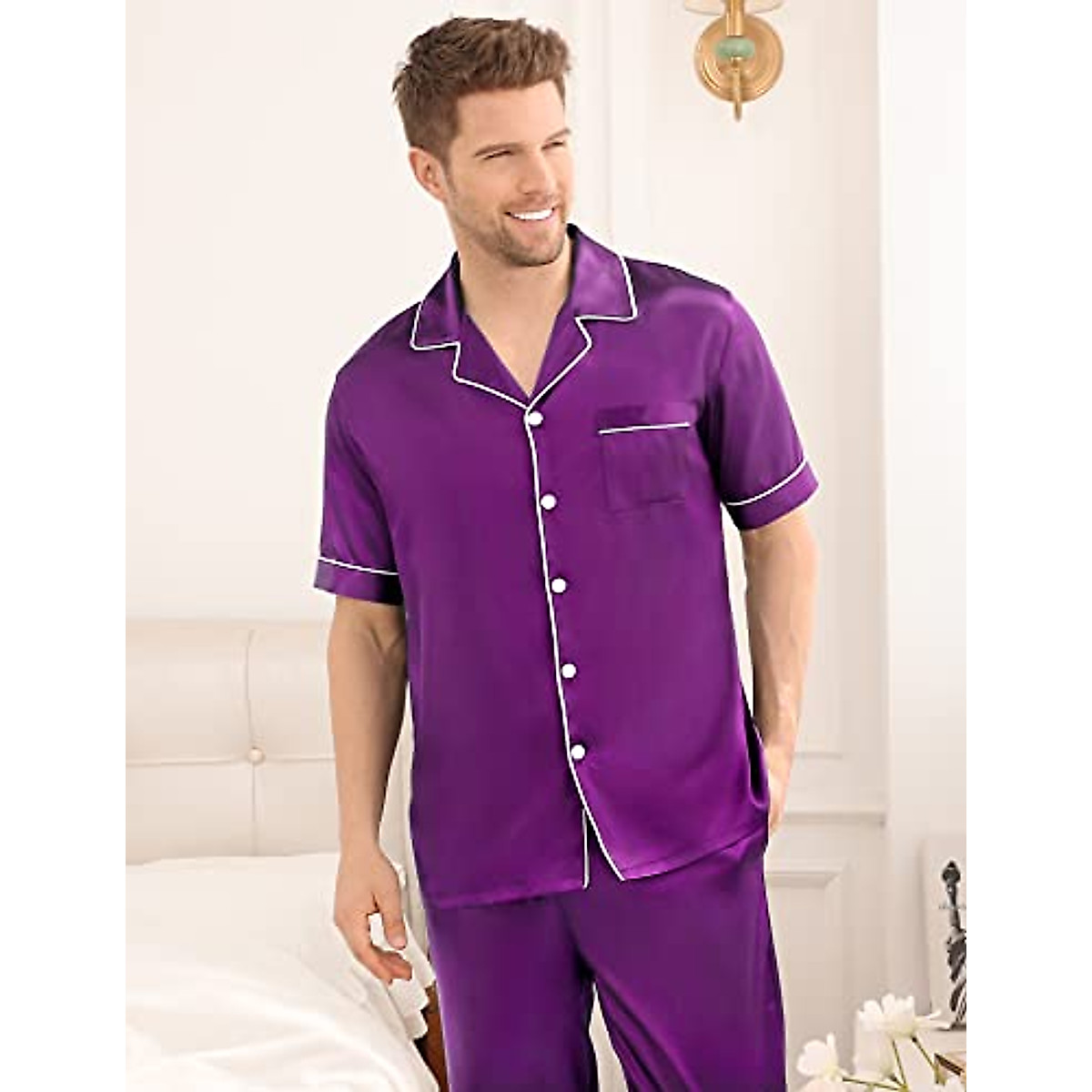 SWOMOG Mens Satin Silky Pajama Set Short Sleeve Classic Sleepwear Button Down Loungewear with Long Pants Purple Large