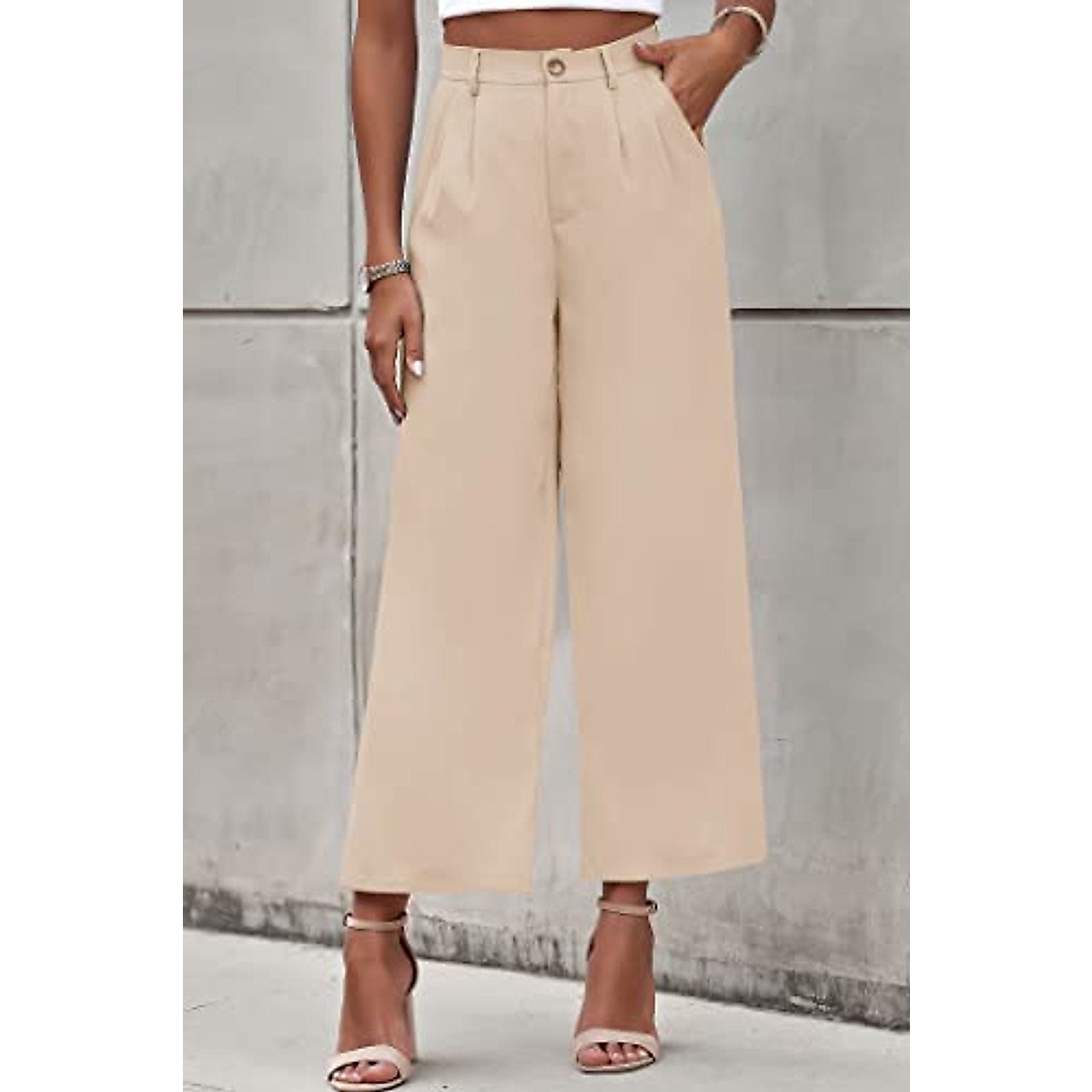 PRETTYGARDEN Women's Casual Summer Work Pants High Waisted Palazzo Pant Flowy Wide Leg Trousers with Pockets (Apricot,Medium)