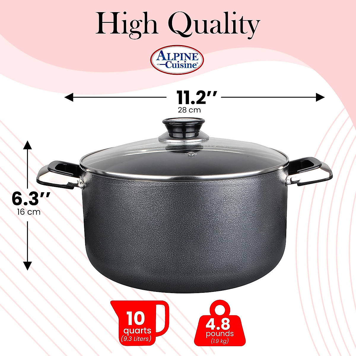 Alpine Cuisine 10 Quart Non-stick Stock Pot with Tempered Glass Lid and Carrying Handles, Multi-Purpose Cookware Aluminum Dutch Oven for Braising, Boiling, Stewing