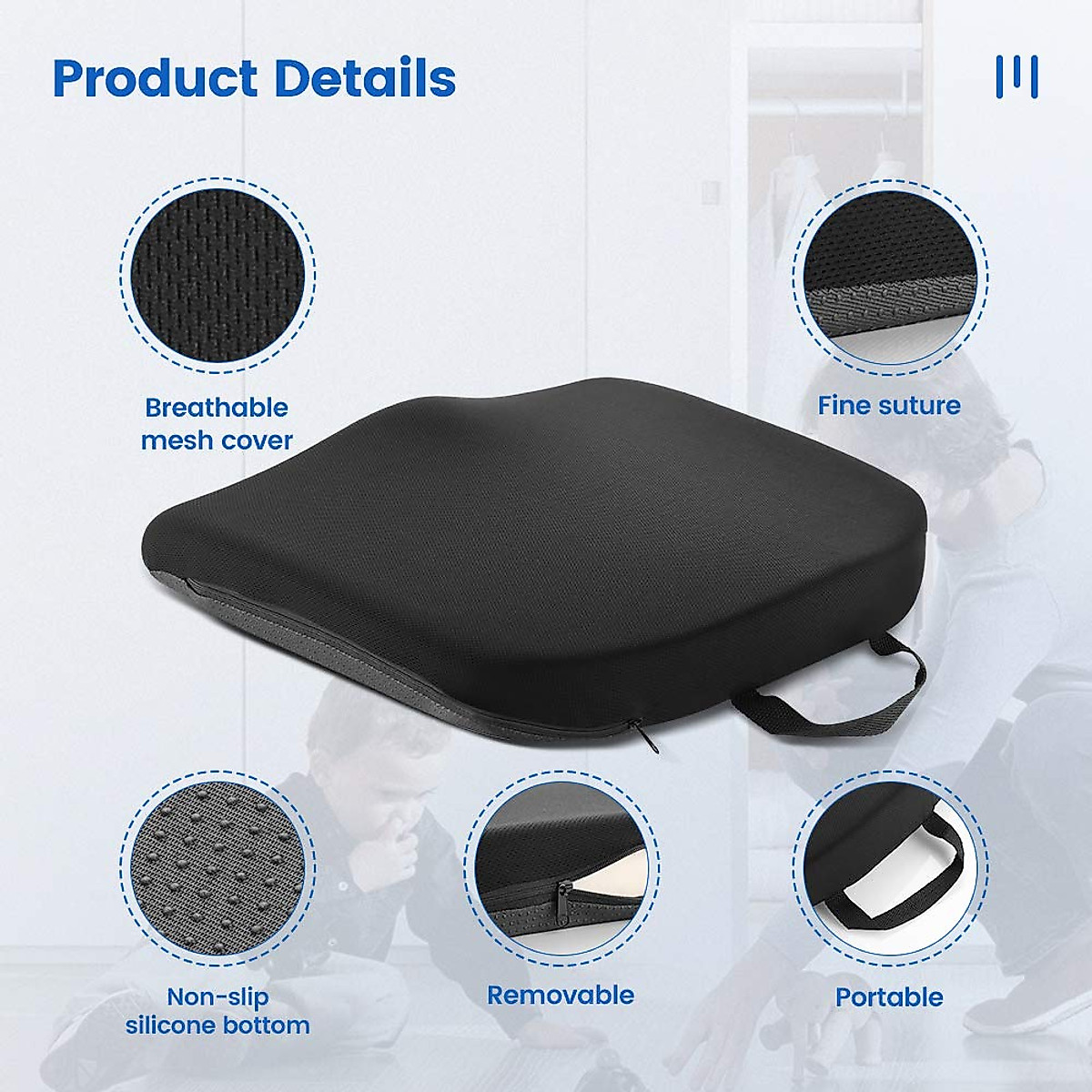 Tsumbay Comfort Seat Cushion for Office Chair - Ergonnomic 100% Memory Foam Firm Coccyx Pad - Relieve Back Pressure - Washable & Breathable Cover - for Car Seat/Computer Chair/Wheelchairs