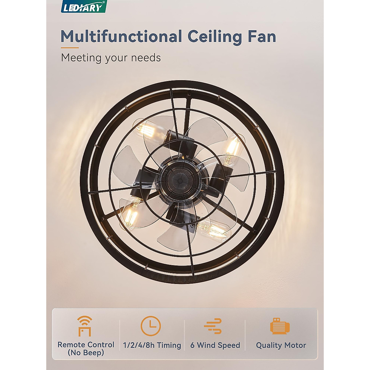 LEDIARY 16.5 inch Black Caged Ceiling Fan with Light, Bladeless Industrial Ceiling Fan with Remote, Farmhouse Fan Lights Ceiling Fixtures for Kitchen, Bedroom, Outdoor（6 Speed, Timing）-Black