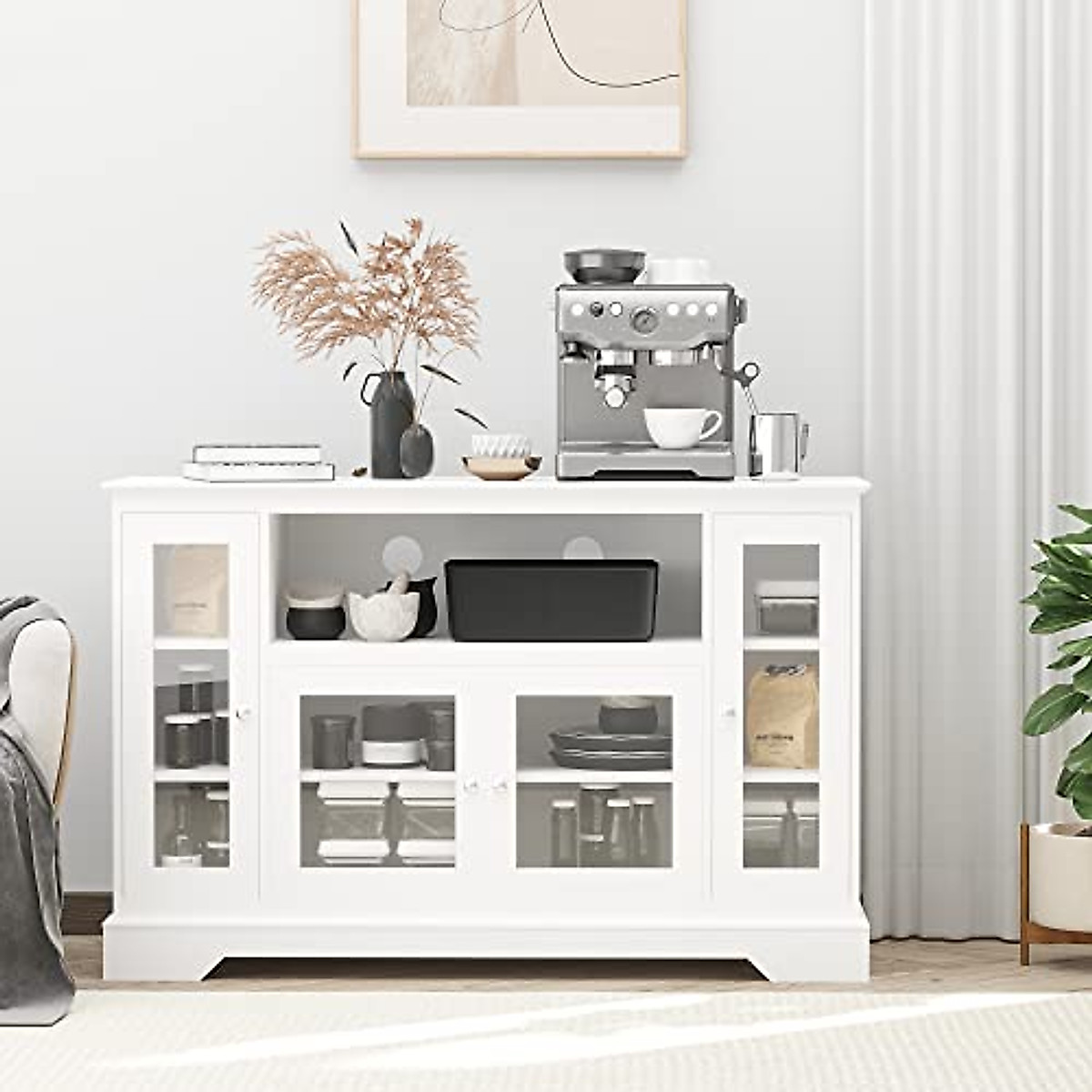 HOMCOM Sideboard Buffet Cabinet with Storage, Kitchen Cabinet Coffee Bar Cabinet with Glass Doors for Living Room, Kitchen, White