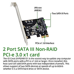 I/O CREST 2 Port SATA III Pci-E 3.0 X1 Controller Card (Jmicro Chipset), Add Two SATA 3.0 Devices to Any PCIe Slot