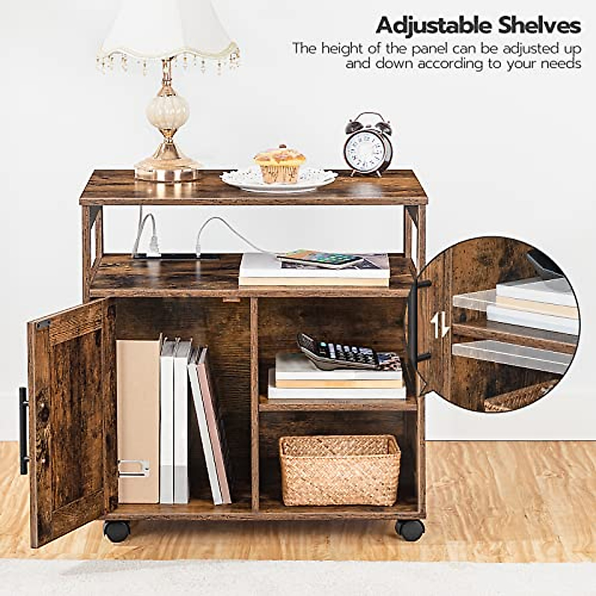 HOOBRO Printer Stand with Charging Station, Rolling Wood Storage Cabinet on Wheels, Printer Cart Table on Wheels for Home Office Rustic Brown FG60UPS01