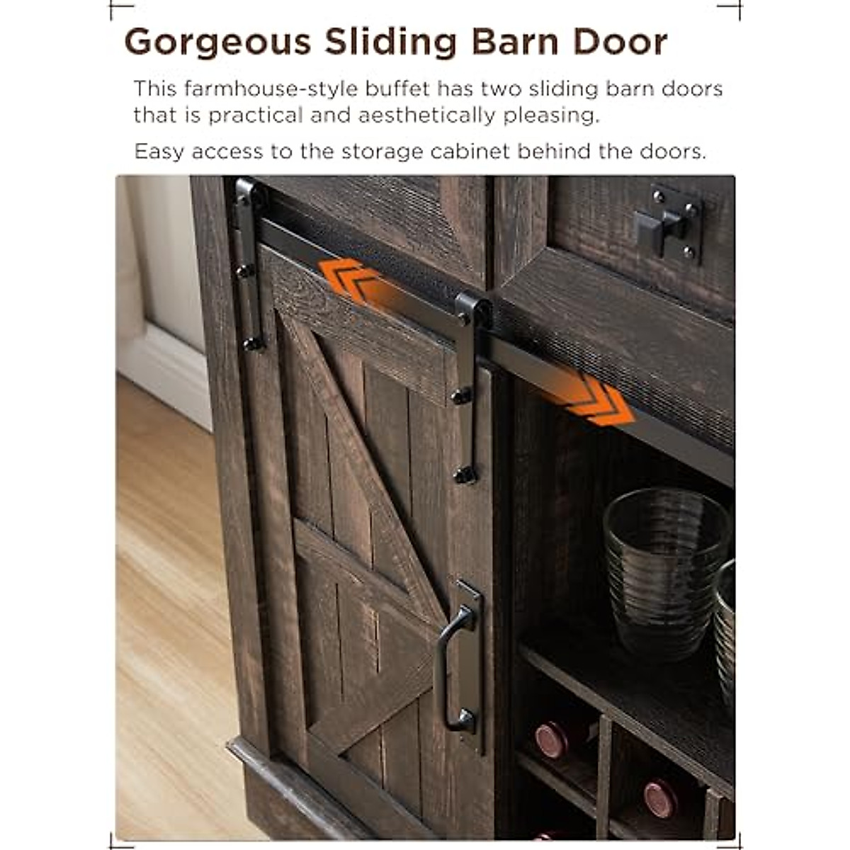 OKD Farmhouse Bar Cabinet with Sliding Barn Door, 72" Rustic Buffet with Hutch with Wine and Glasses Rack, 3 Drawers, Storage Shelves, Sideboard Cupboard for Kitchen, Dining Room, Dark Rustic Oak