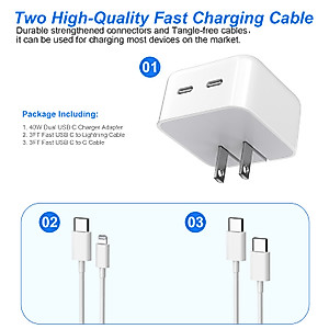 iPhone 15 Charger, 40W Fast Dual USB C Charger Adapter[MFi Certified] 2Port Apple Charger Foldable Plug with 2Pcs USB-C to C/Lightning Fast Charging Cable for iPhone 15/14/13/12/11,iPad Pro/Mini/Air