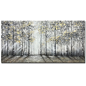 V-inspire art, 24x48 Inch Modern Impressionist Tree art 100% Hand Painted Canvas Wall art Oil Painting Large Paintings Gray Wall Decoration Acrylic Paint Knife Painting