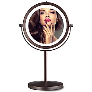 ALHAKIN Lighted Makeup Mirror, 1X/10X Makeup Mirror with Lights, 7 Inch Magnifying Mirror with Light Double Sided, 360°Swivel Standing Cosmetic Mirror, Antique Bronze