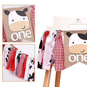 Farm Cow for First Birthday Highchair Banner - Boy or Girl High Chair One First 1st Barnyard Smash Cake Cow Western Fabric Picnic Decorations Cow , Party Decor for Baby Showers (Farm Cow Highchair