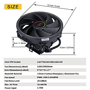 DS 120MM CPU Cooler for PC Case, Black Aluminum Extrusion CPU Cooling LED Fan for Computer Case, Compatible with Intel LGA 1366 1156 1155 766 (Static RGB Fan, C Series)