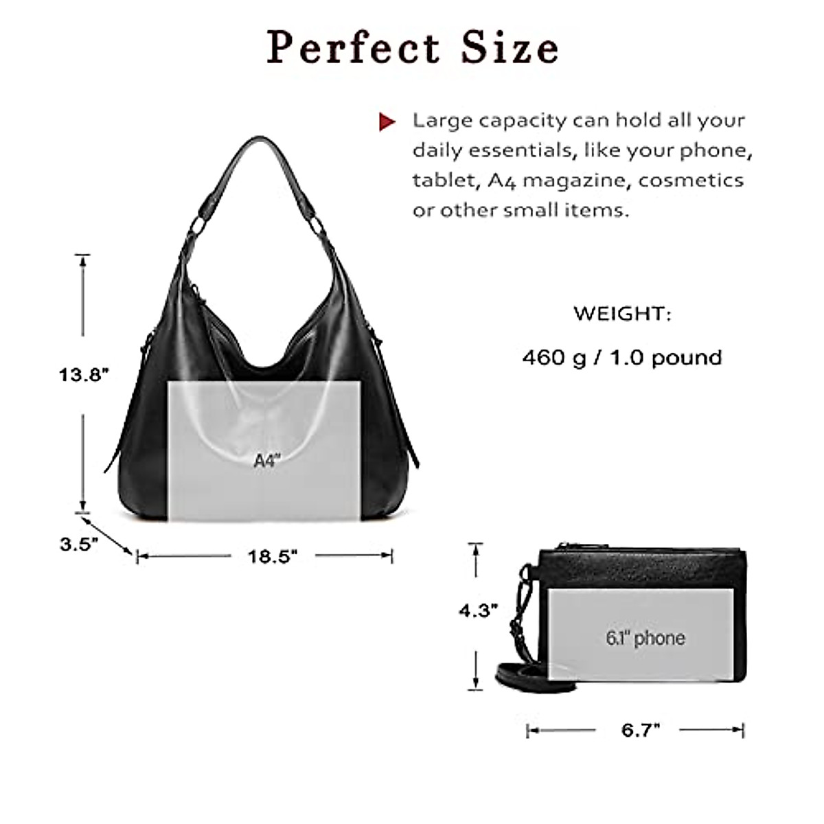 DOURR Hobo Bags for Women Faux Leather Hobo Handbags Ladies Shoulder Tote Bag Everyday Purse (Black - 2pcs)