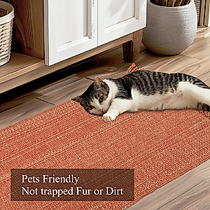 Boho Bathroom Rug, 2' x 3' Small Area Rug Hand-Woven Low Profile Entryway Rug with Tassels, Terracotta Cotton Braided Reversible Washable Kitchen Mat Farmhouse Fall Front Door Rug for Foyer Indoor