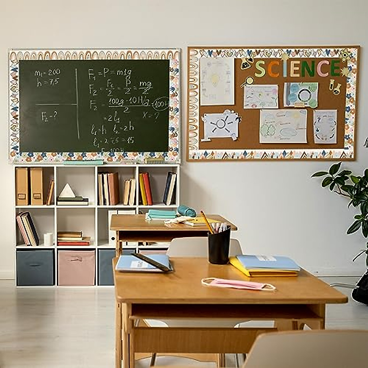 AnyDesign 60Pcs Boho Morandi Bulletin Board Borders with 100Pcs Glue Points 5 Design Heart Rainbow Handprint Die-Cut Trim Borders Classroom Borders for School Classroom Office Chalkboard Decorations