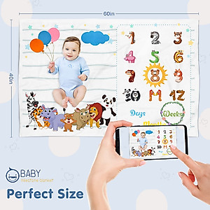 GCRQ Baby Monthly Milestone Blanket Boy - Super Soft, Extra Large Newborn Baby Month Blanket with Sun & Wreath & 3 Felt Balloon, Baby Grow Chart Blanket for Nursery Décor Baby Shower