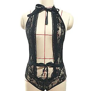 Toxz Sexy Lingerie Sleepwear Lace Women Rompers Bow Underwear Bodysuit Babydoll Nightwear,Floral Lace Teddy Open Back Halter Sheer Perspective with Open Cup Lingerie