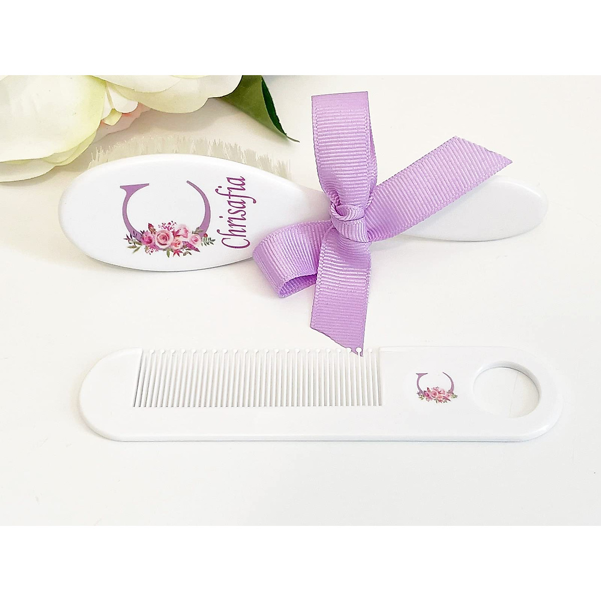 Personalized Baby Gift Girls - Baby Brush and Comb Set, Suitable for Ages 0-3 Years, New Baby Gift - Floral Initial Purple, Baby Gift