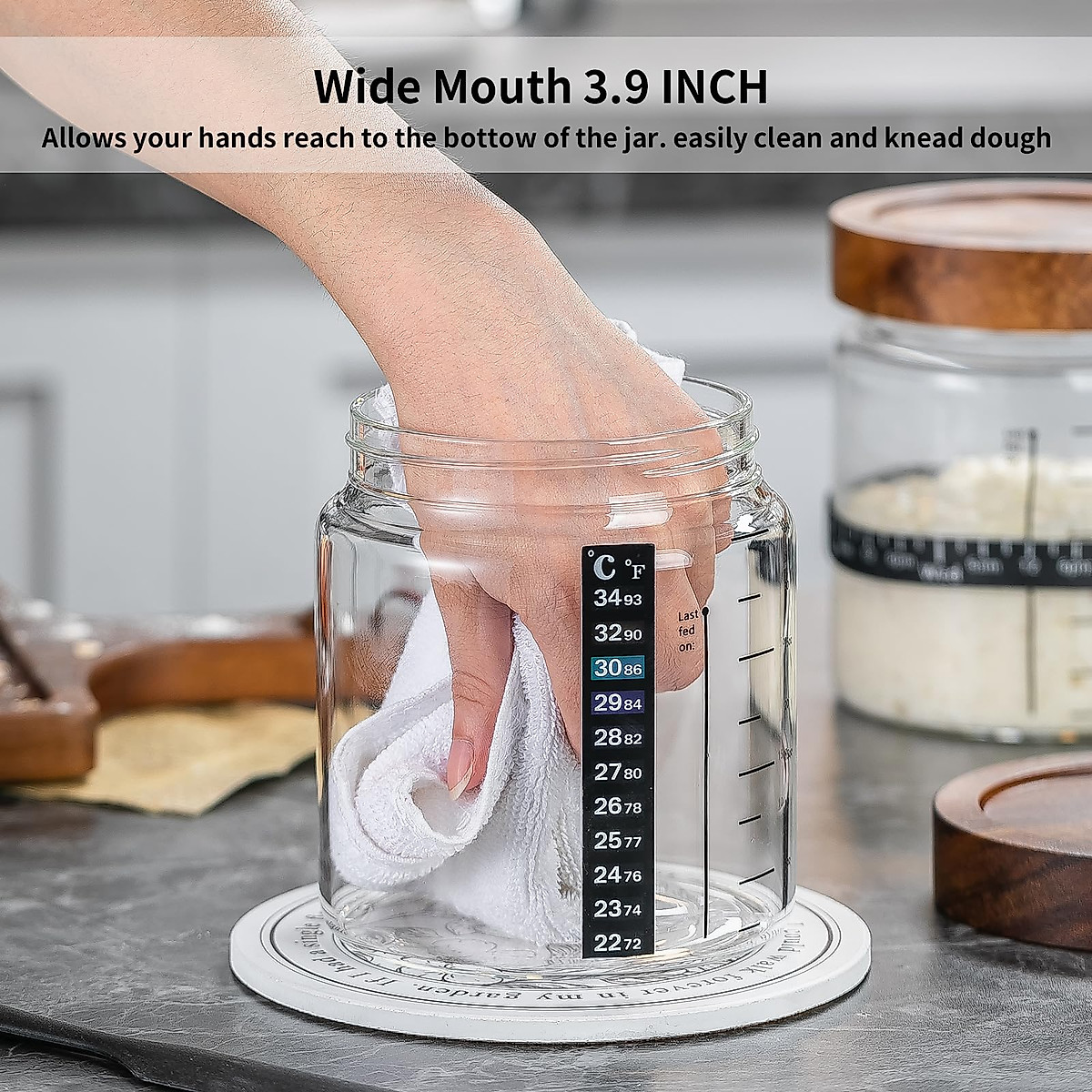 Wissy&Konny Sourdough Starter Jar 2Pack 35OZ with Ounce Scale Line,Date Marked Feeding Band, Thermometer, Sourdough Jar Scraper, Cloth Cover & Wood Lid, Wide Mouth for Sourdough Bread Baking