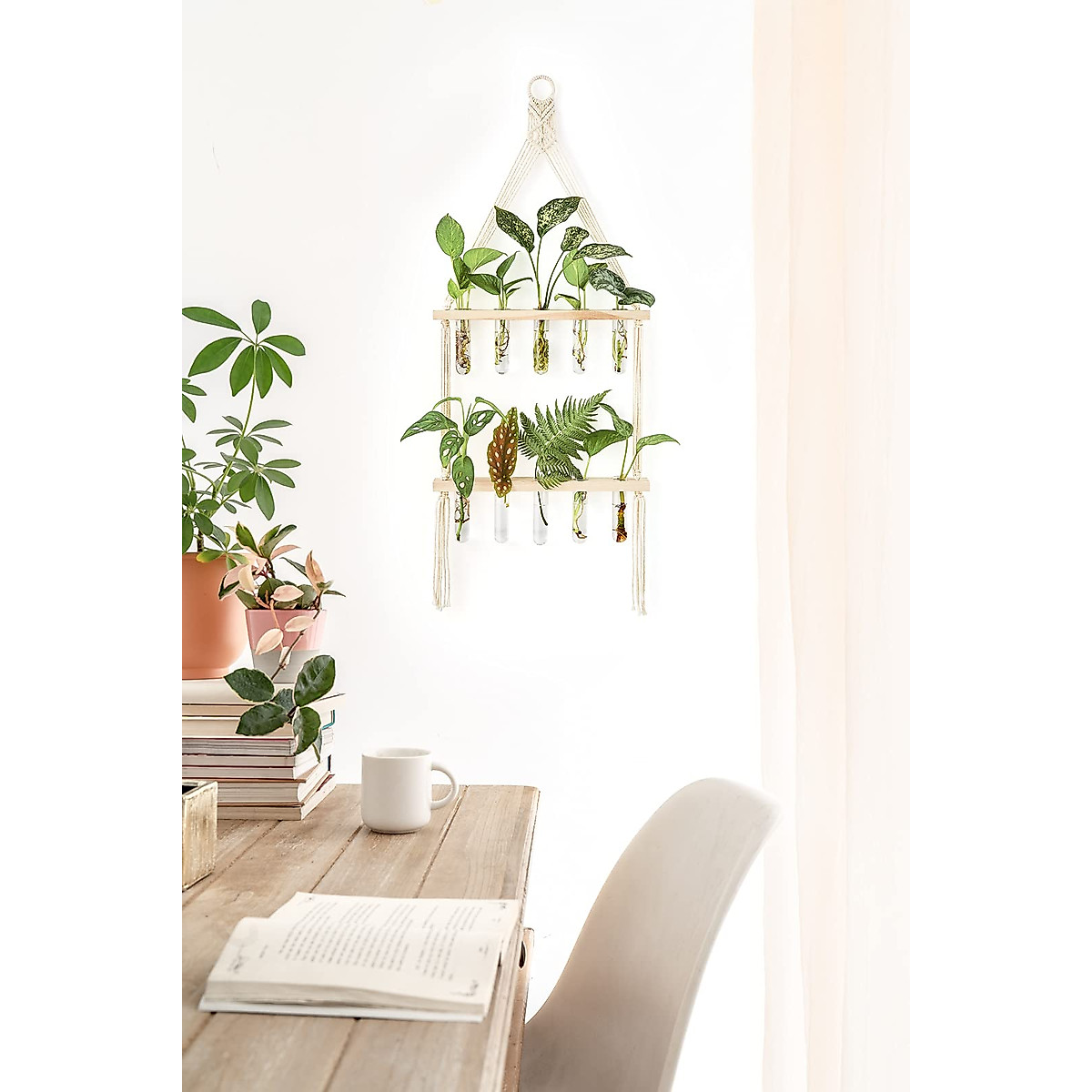 Mkono Wall Hanging Glass Planter with Macrame Hanger, Boho 2 Tier Propagation Tube Vase Plant Terrarium with Wooden Stand for Propagating Hydroponic Plants, Home Office Room Decor Women Gift Idea