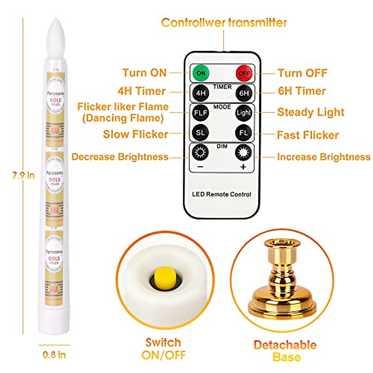 7.9 Inch Christmas Window Candles with Timer and Remote, Flameless Taper Candles Battery Operated, LED Floating Flickering Candles with Removable Candlesticks and Suction Cups for Home Decor(White)