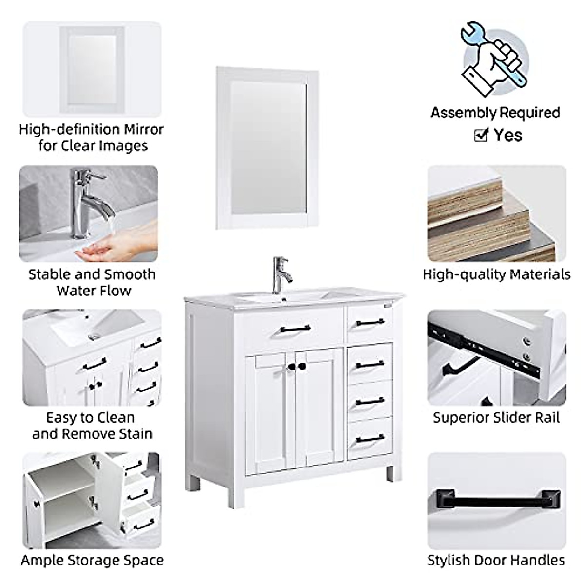 wonline 36" Bathroom Vanity and Sink Combo Cabinet Undermount Ceramic Vessel Sink Chrome Faucet Drain with Mirror Vanities Set
