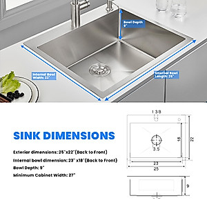 POPFLY 25×22 Inch Drop in Single Bowl Kitchen Sink, Overmount 304 Stainless Steel Sink,18 Gauge Handmade Outdoor Topmount Sink, Brushed