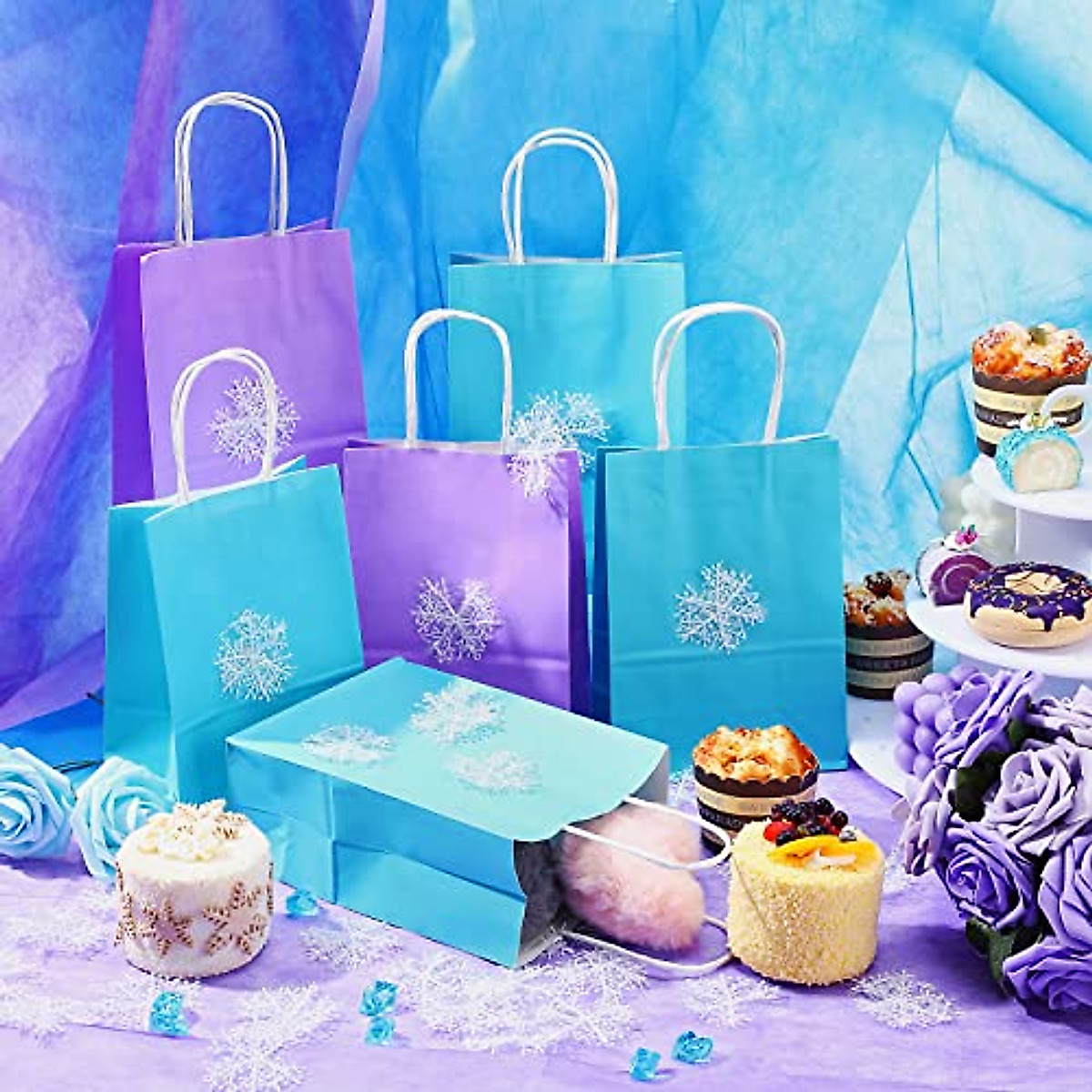 24 Pieces Snowflake Party Favor Bags Kraft Paper Bags with Plastic Snowflake Gift Bags with Handles Birthday Paper Bags Candy Bags for Birthday Baby Shower Wedding Christmas Party Celebrations