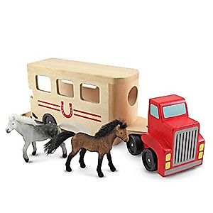 Melissa & Doug Horse Carrier Wooden Vehicle Play Set With 2 Flocked Horses and Pull-Down Ramp - Horse Figures, Wooden Horse Trailer Toy For Kids Ages 3+