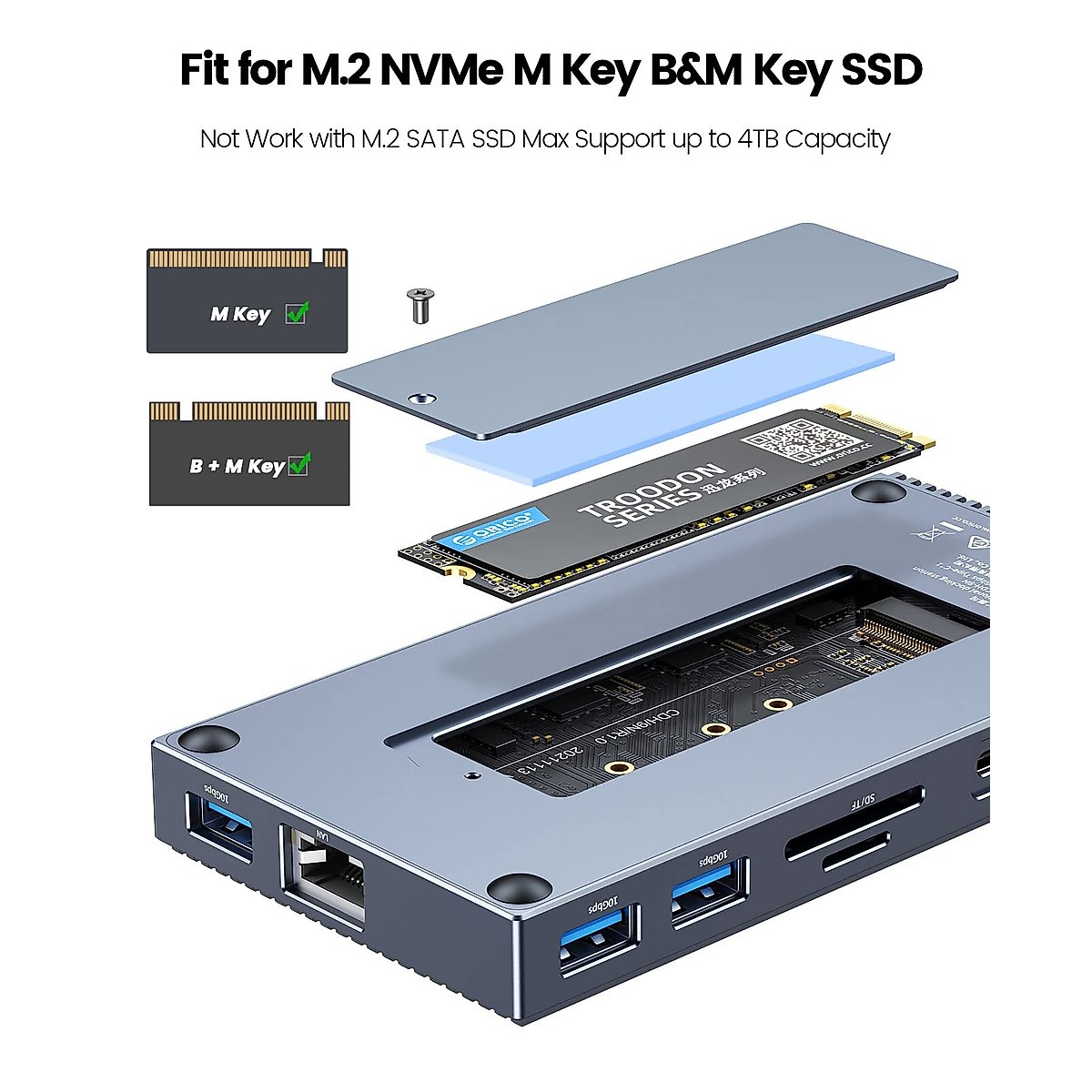 USB C Docking Station with M.2 NVMe SSD Enclosure, ORICO 9-in-1 USB-C Hub Adapter with NVMe Slot(Up to 4TB), PD 100W, 3 x 10Gbps USB3.1 USB-A, Type-C, 4K HDMI, TF/SD, Ethernet RJ45, Audio