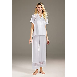 AW BRIDAL 2Pcs Sexy Womens Pajama Sets - Short Sleeve Silk Pajamas Long Pj Pants With Lace, Button Up Pajamas For Women, White, S| Clever Bridal Shower Gifts Bachelorette Gifts For Bride Pajamas